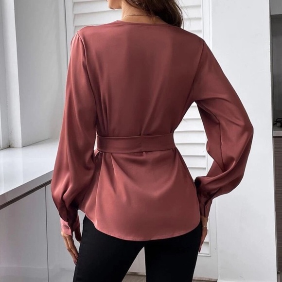 Tops | Luxe Dusty Blue Sexy Plunging V Neckline Belted Blouse | Poshmark